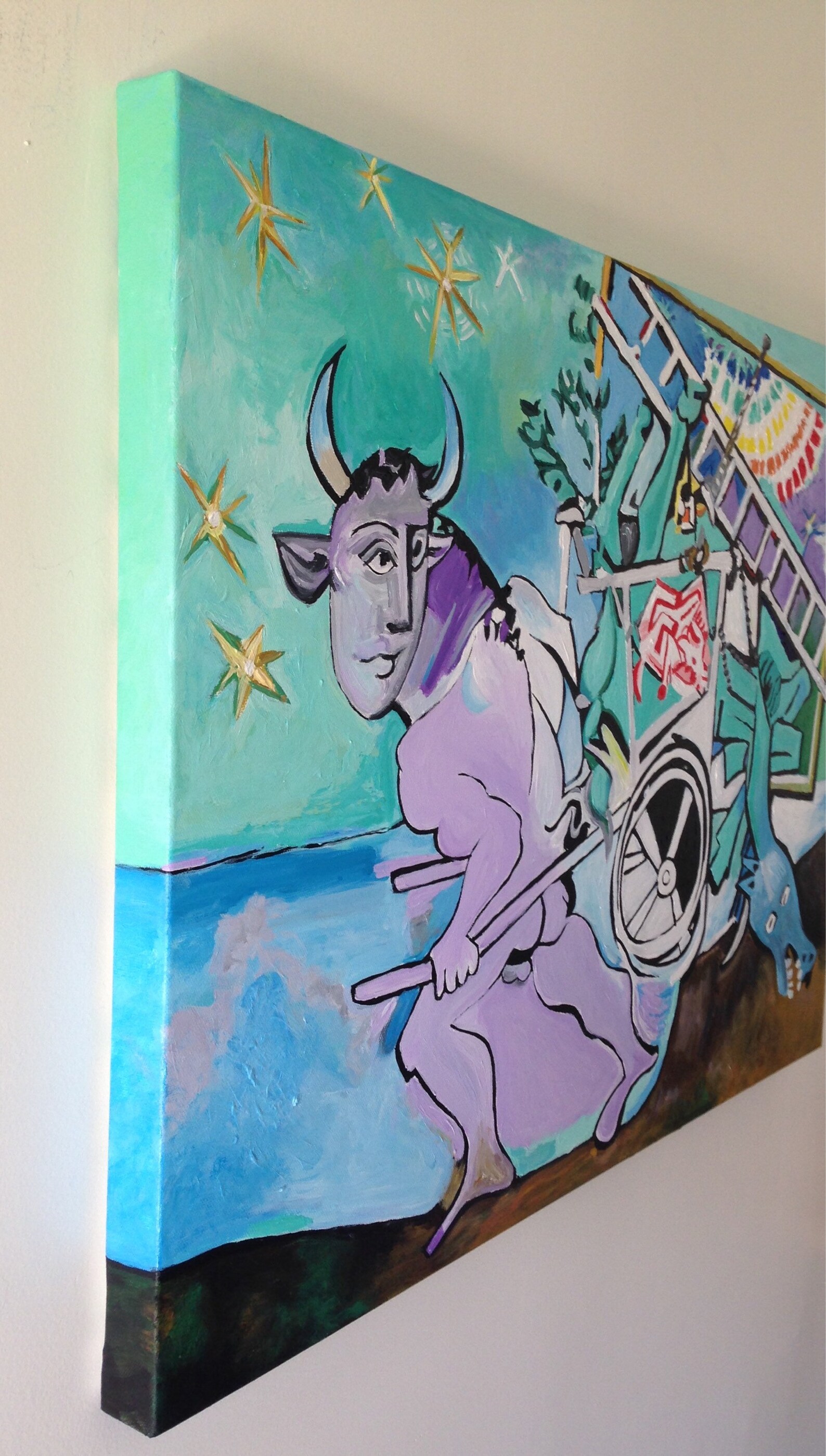 Hand Painted Minotaur Pulling A Cart Painting on Stretched Canvas - Etsy