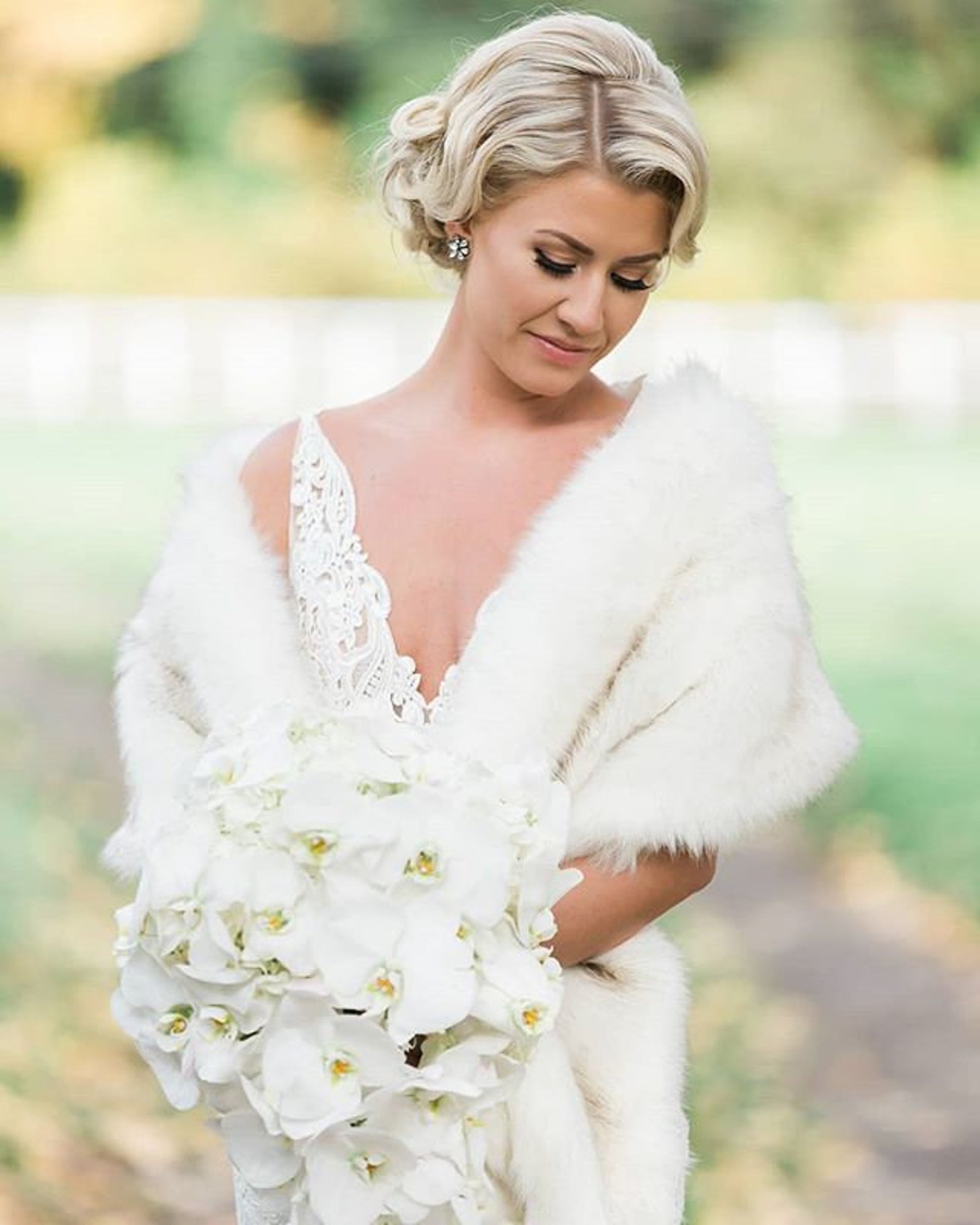Ivory With Black Tips Faux Fur Bridal Wrap, Wedding Fur Shrug, Ivory ...