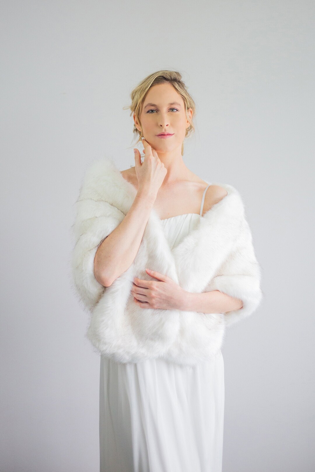 Ivory With Black Tips Faux Fur Bridal Wrap, Wedding Fur Shrug, Ivory ...