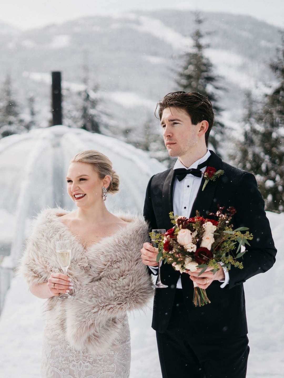 Blush With Black Tips Faux Fur Bridal Wrap, Wedding Fur Shrug, Bridal ...