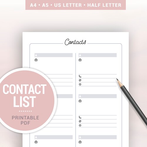 Contact Page Printable Address Book Contact List Contact - Etsy