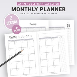 UNDATED MONTHLY PLANNER, Printable Planner, Monthly Calendar, Perpetual ...