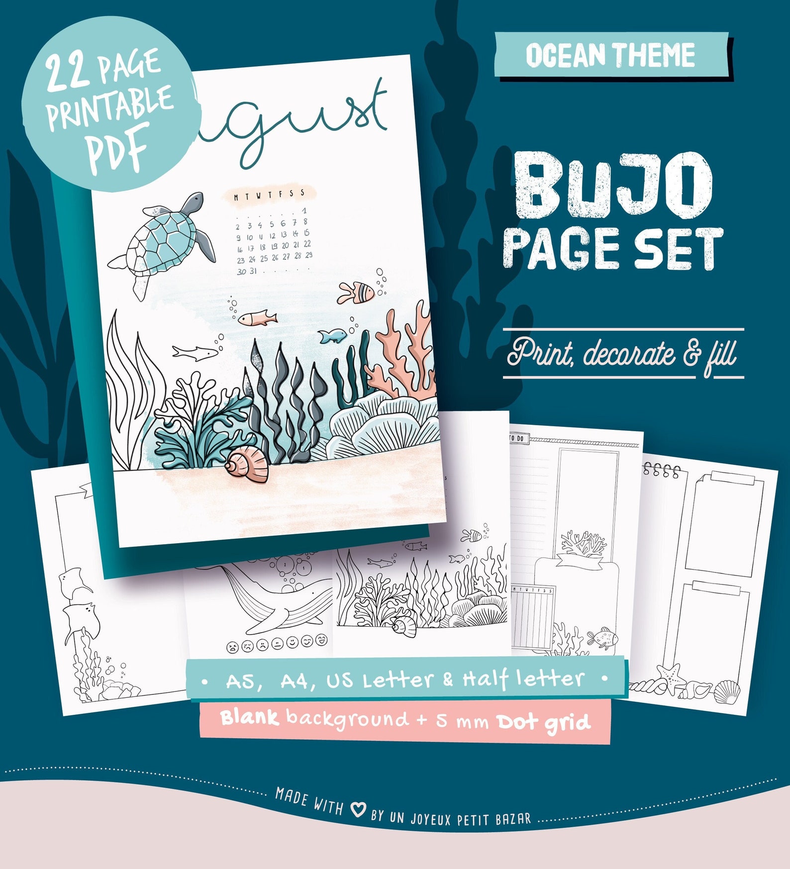 Printable Pages for Illustrated Planner, Coloring Marine Theme, Undated ...