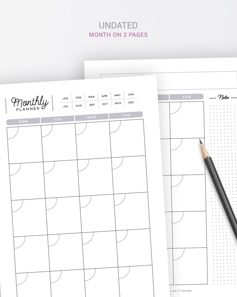 UNDATED MONTHLY PLANNER, Printable Planner, Monthly Calendar, Perpetual ...
