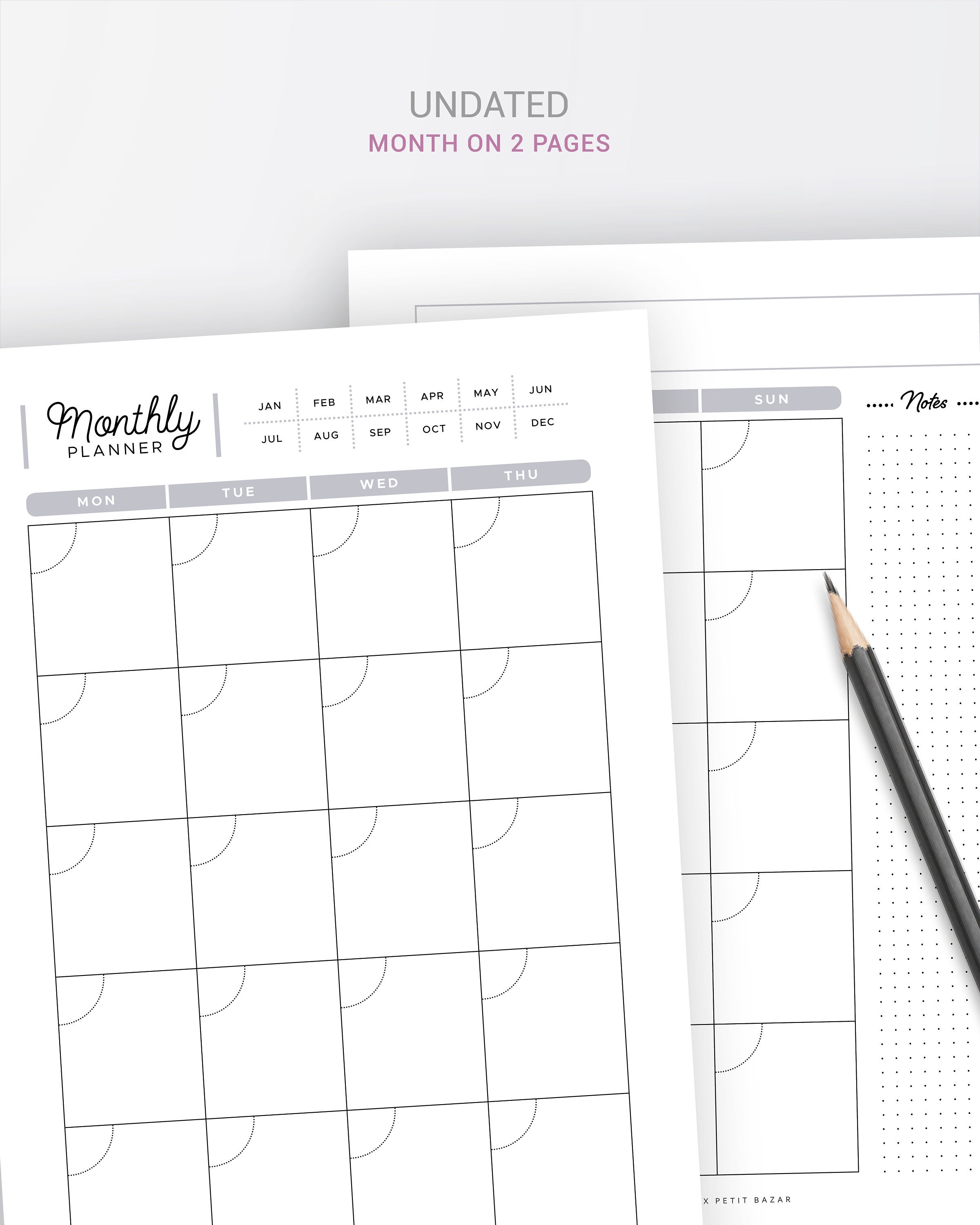 UNDATED MONTHLY PLANNER, Printable Planner, Monthly Calendar, Perpetual ...