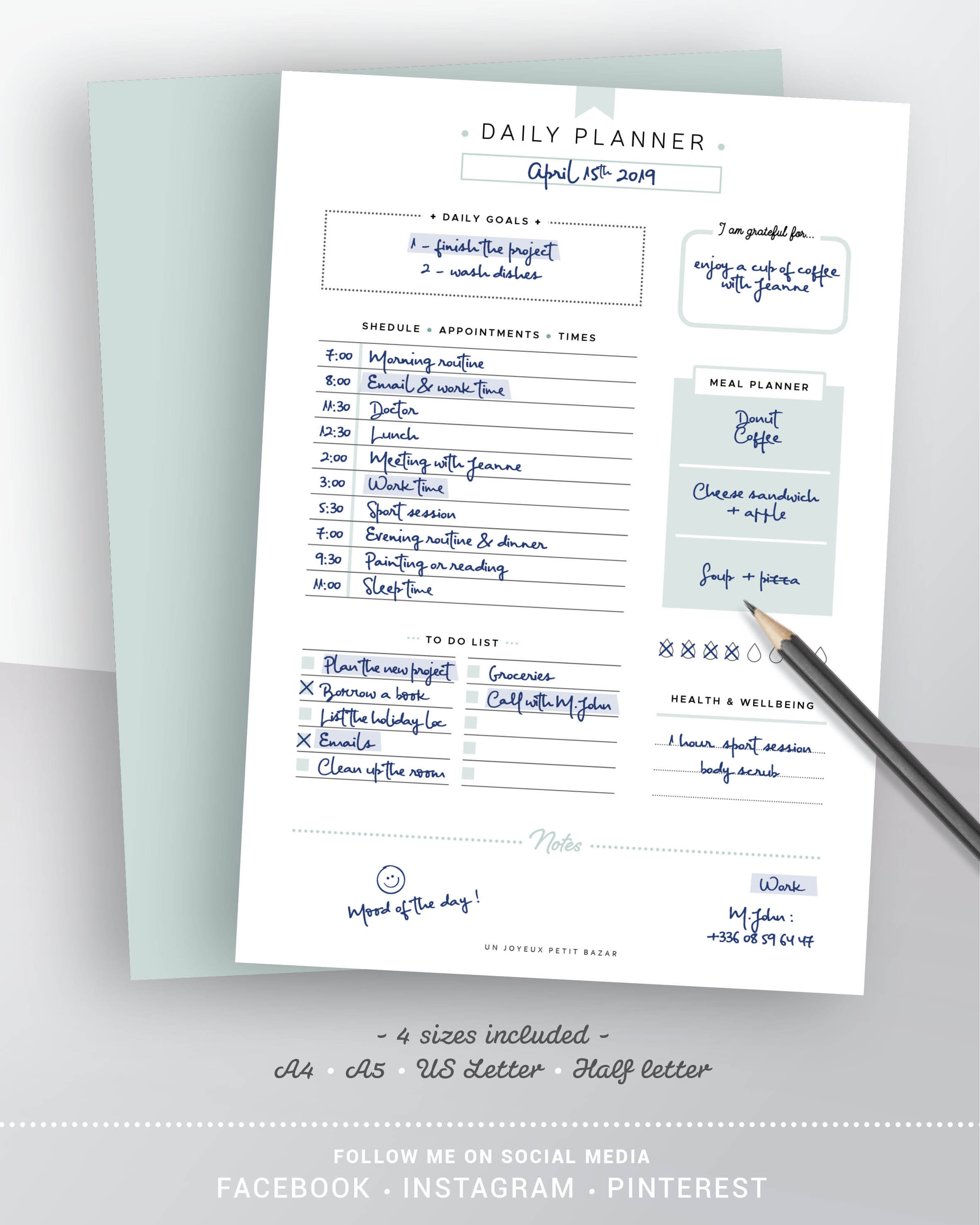 Daily Planner Page, Printable Fillable PDF Insert for Time Management ...