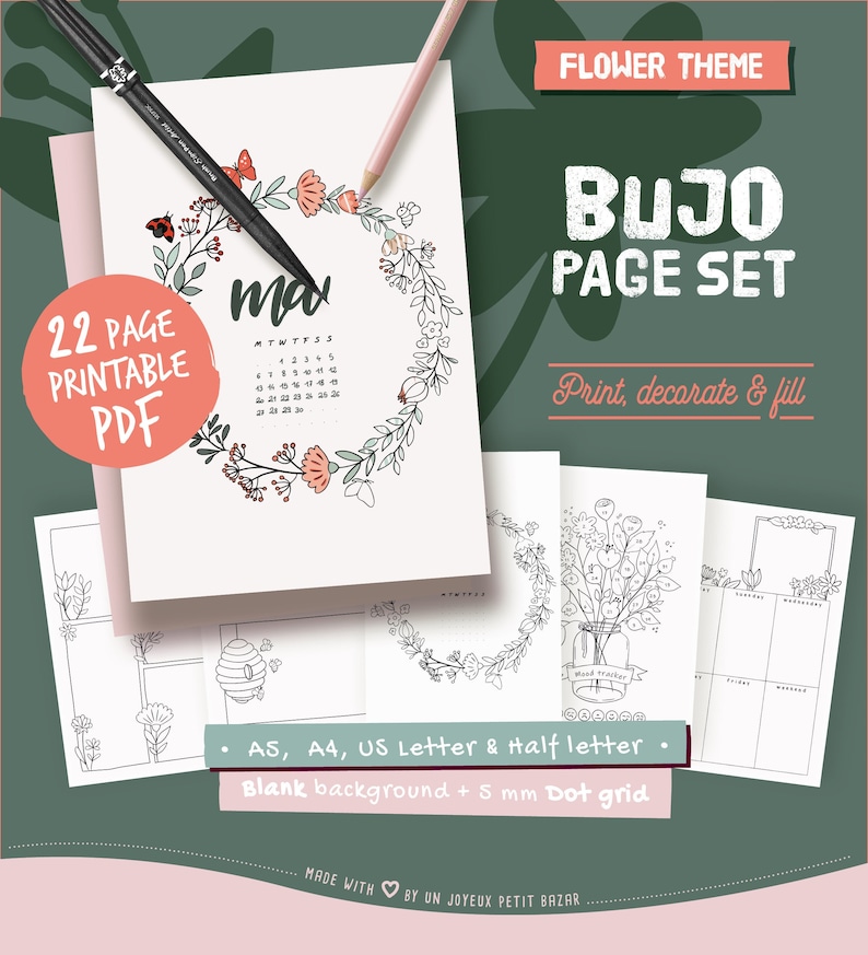 Printable Pages for Illustrated Planner, Coloring Flower Theme, Undated ...