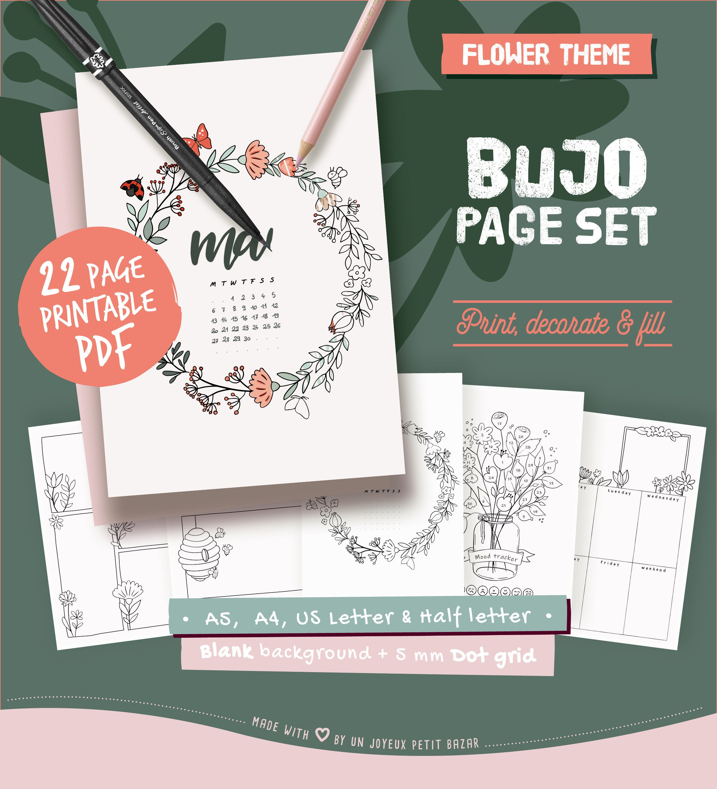Printable Pages for Illustrated Planner, Coloring Flower Theme, Undated ...