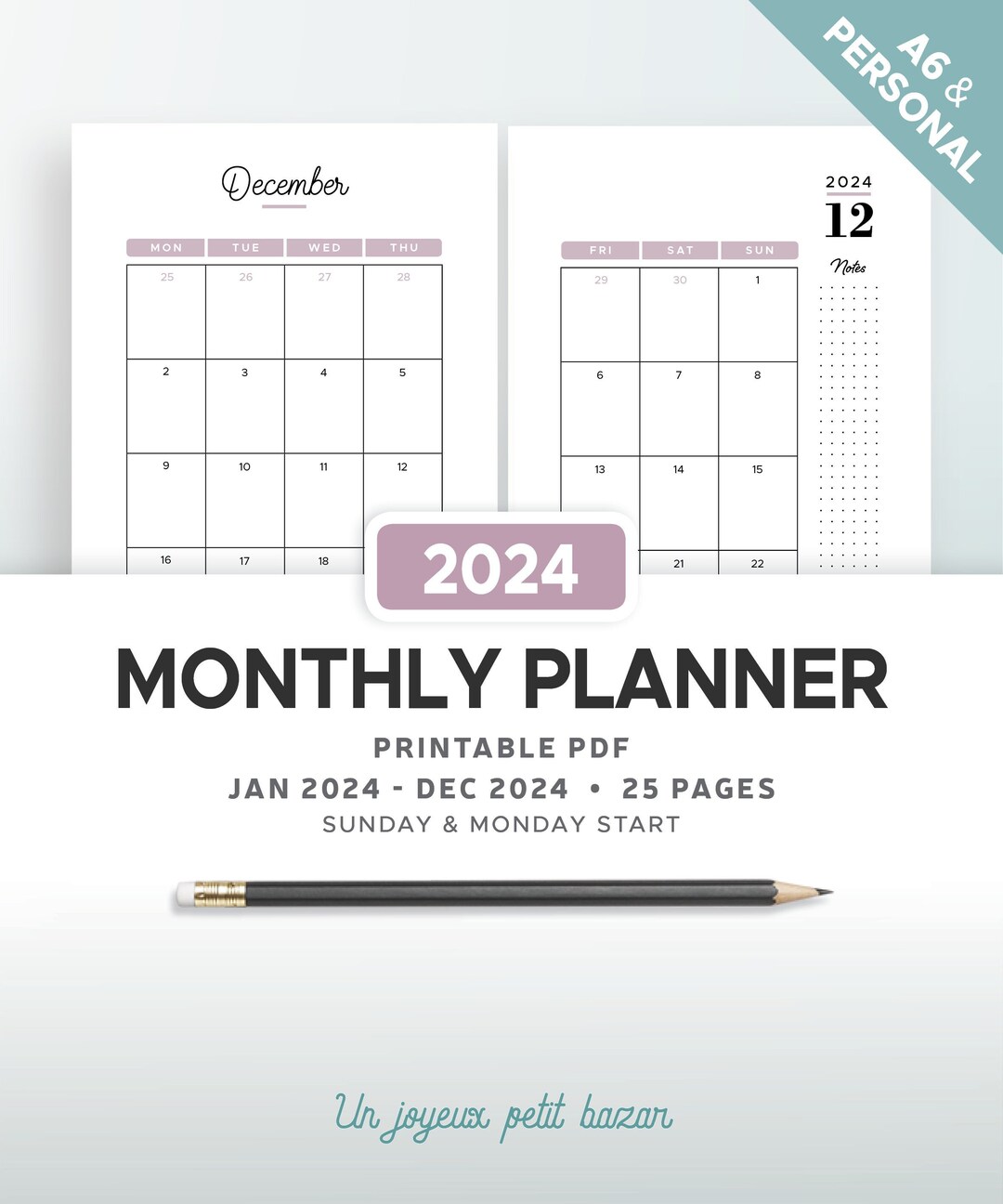 2024 MONTHLY PLANNER PRINTABLE, 2024 Monthly Calendar, Monday & Sunday ...