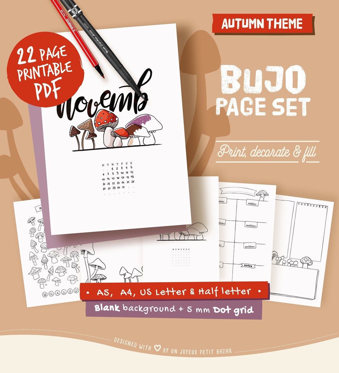 Printable Pages for Illustrated Planner, Coloring Autumn Theme, Undated ...