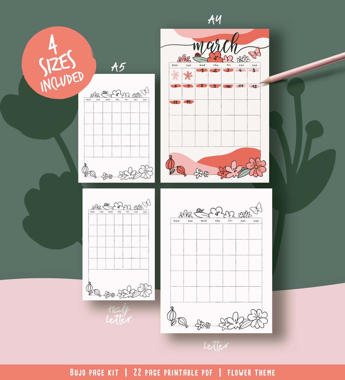 Printable Pages for Illustrated Planner, Coloring Flower Theme, Undated ...