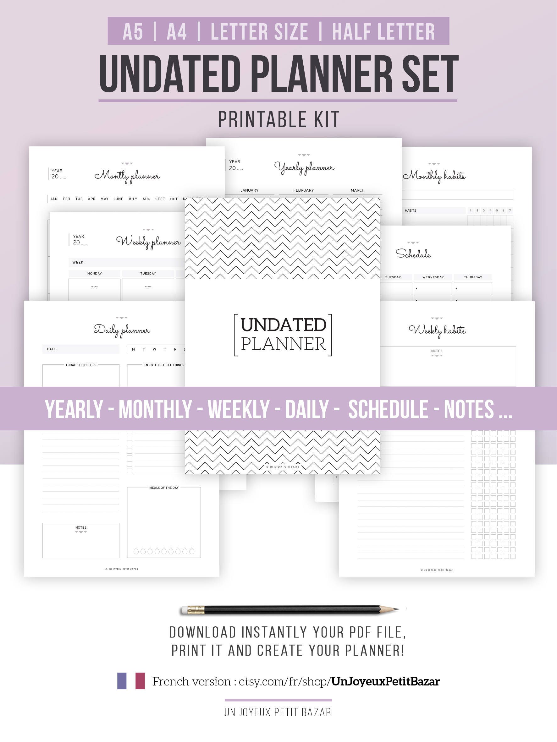 UNDATED PLANNER SET Instant Download Yearly, Monthly, Weekly, Daily ...