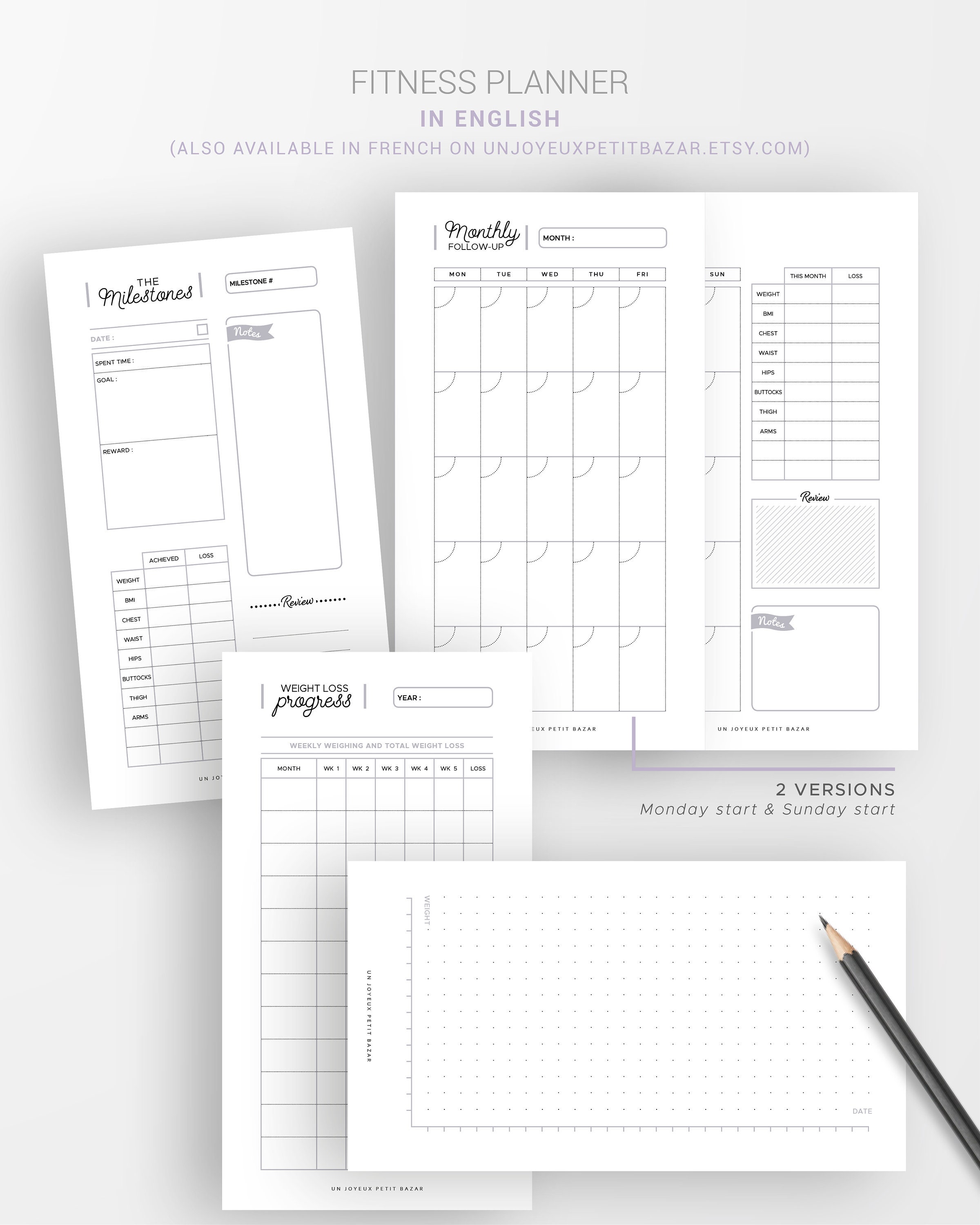 FITNESS PLANNER Printable, Fitness Goals, Food Diary, Fitness Challenge ...