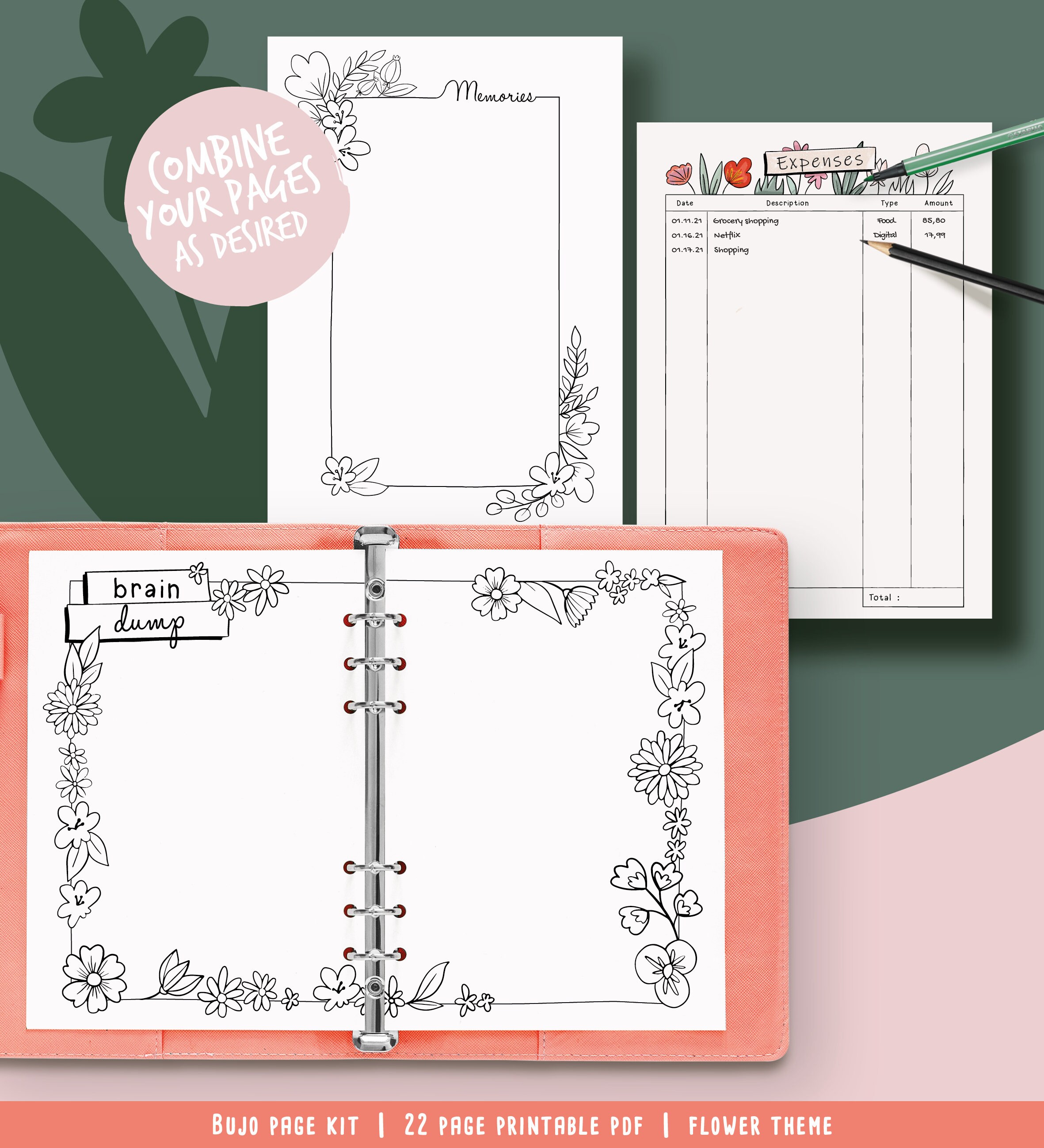 Printable Pages for Illustrated Planner, Coloring Flower Theme, Undated ...