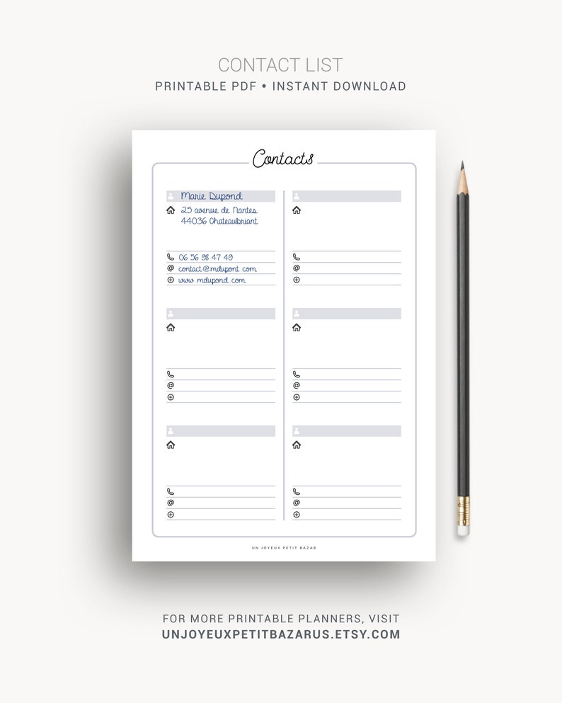 Contact Page Printable, Address Book, Contact List, Contact Book, Phone ...