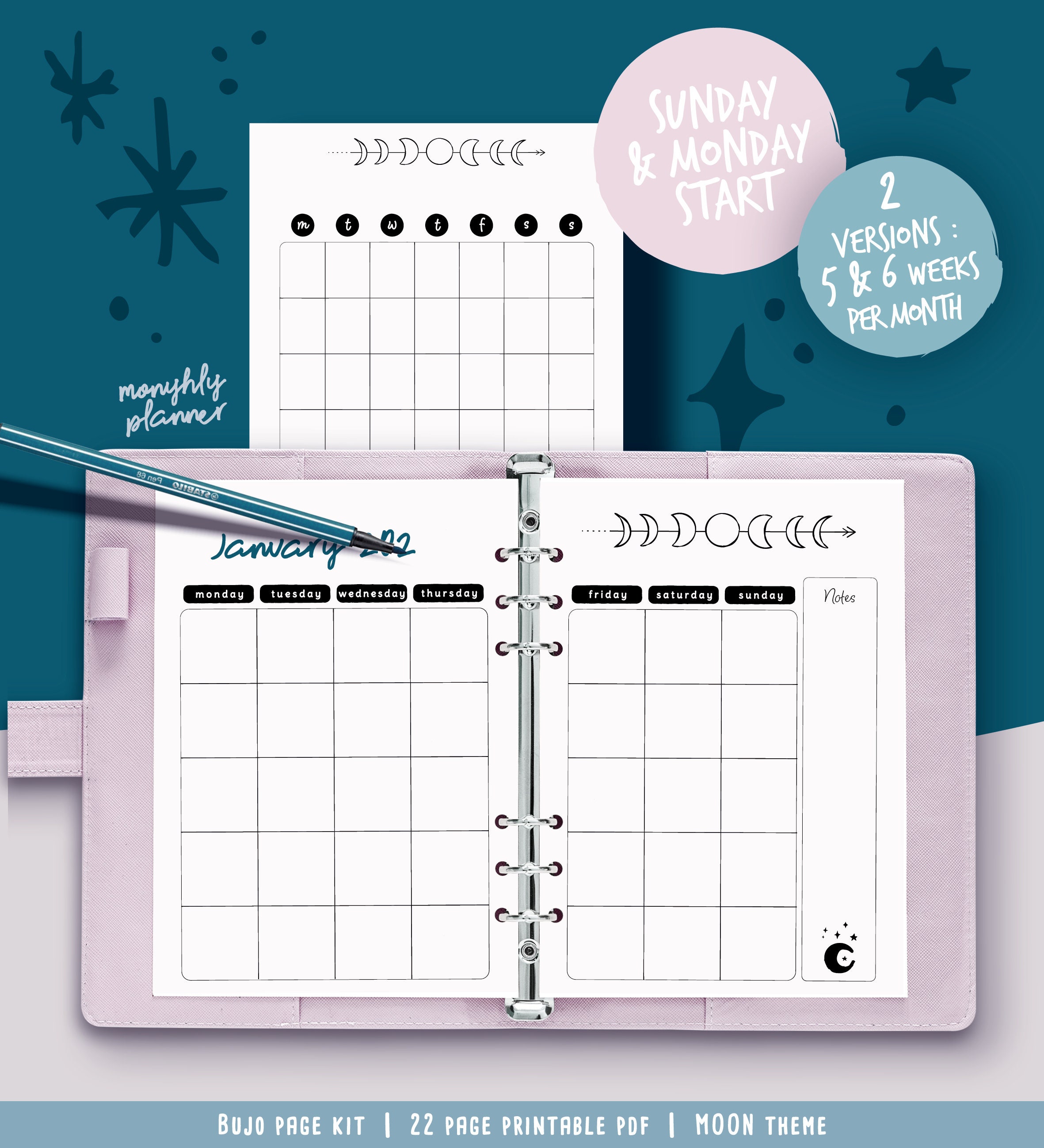 Printable Pages for Illustrated Planner Coloring Moon Theme - Etsy
