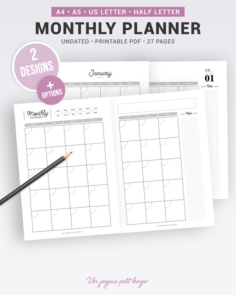 UNDATED MONTHLY PLANNER, Printable Planner, Monthly Calendar, Perpetual ...