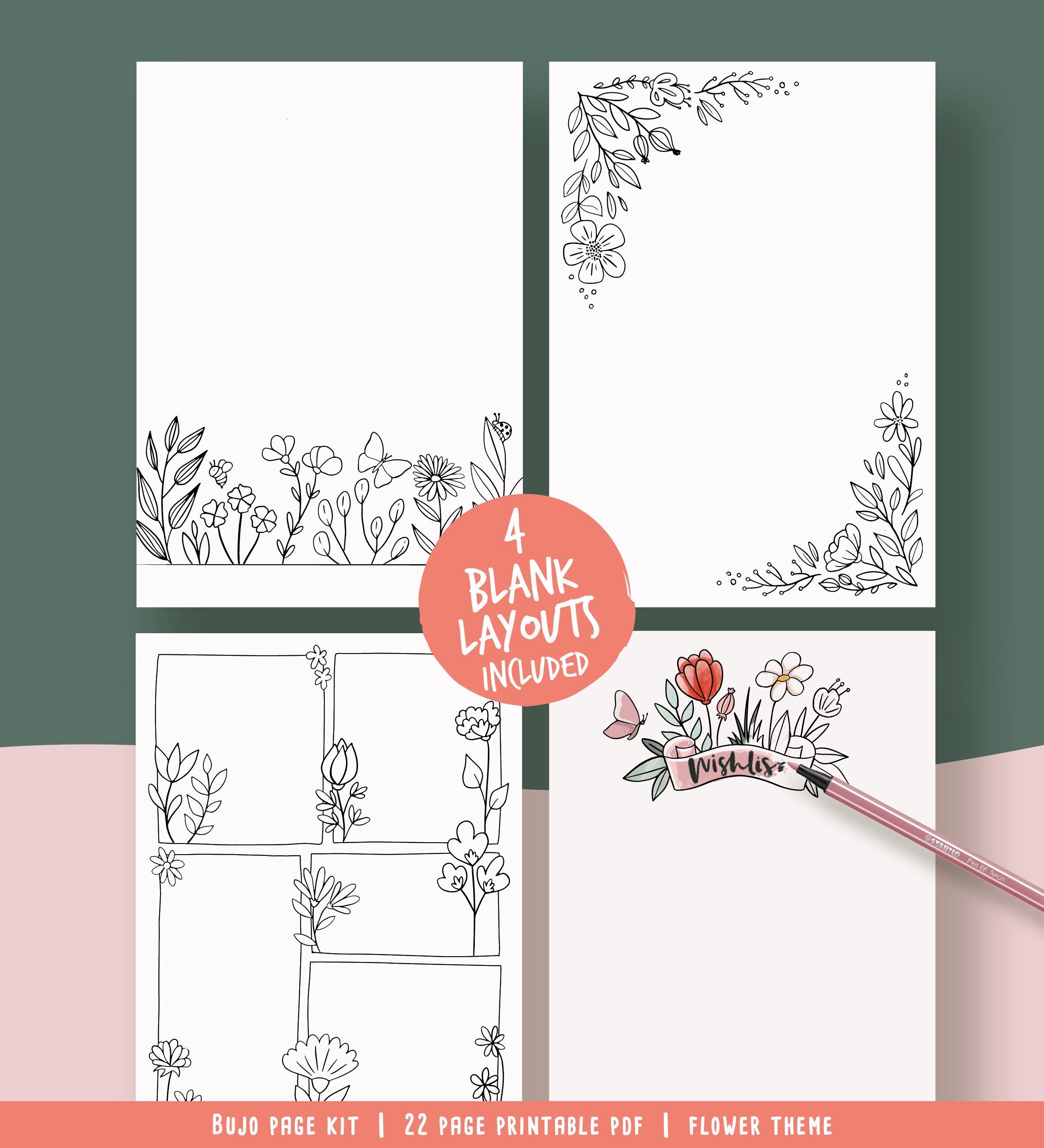 Printable Pages for Illustrated Planner, Coloring Flower Theme, Undated ...