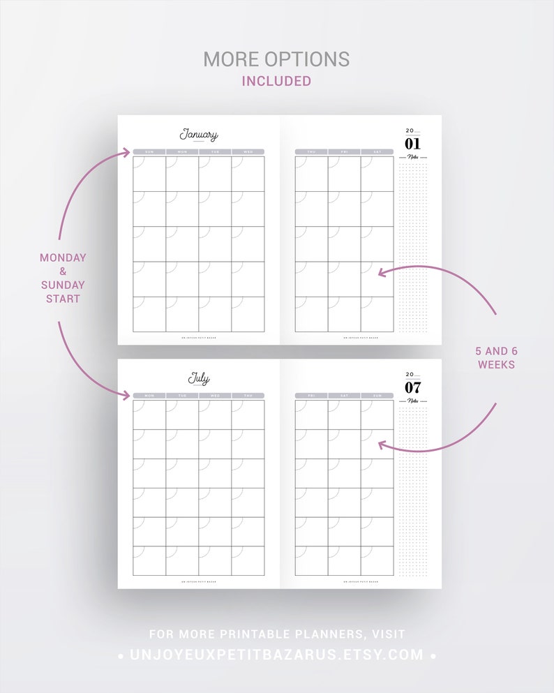 UNDATED MONTHLY PLANNER, Printable Planner, Monthly Calendar, Perpetual ...