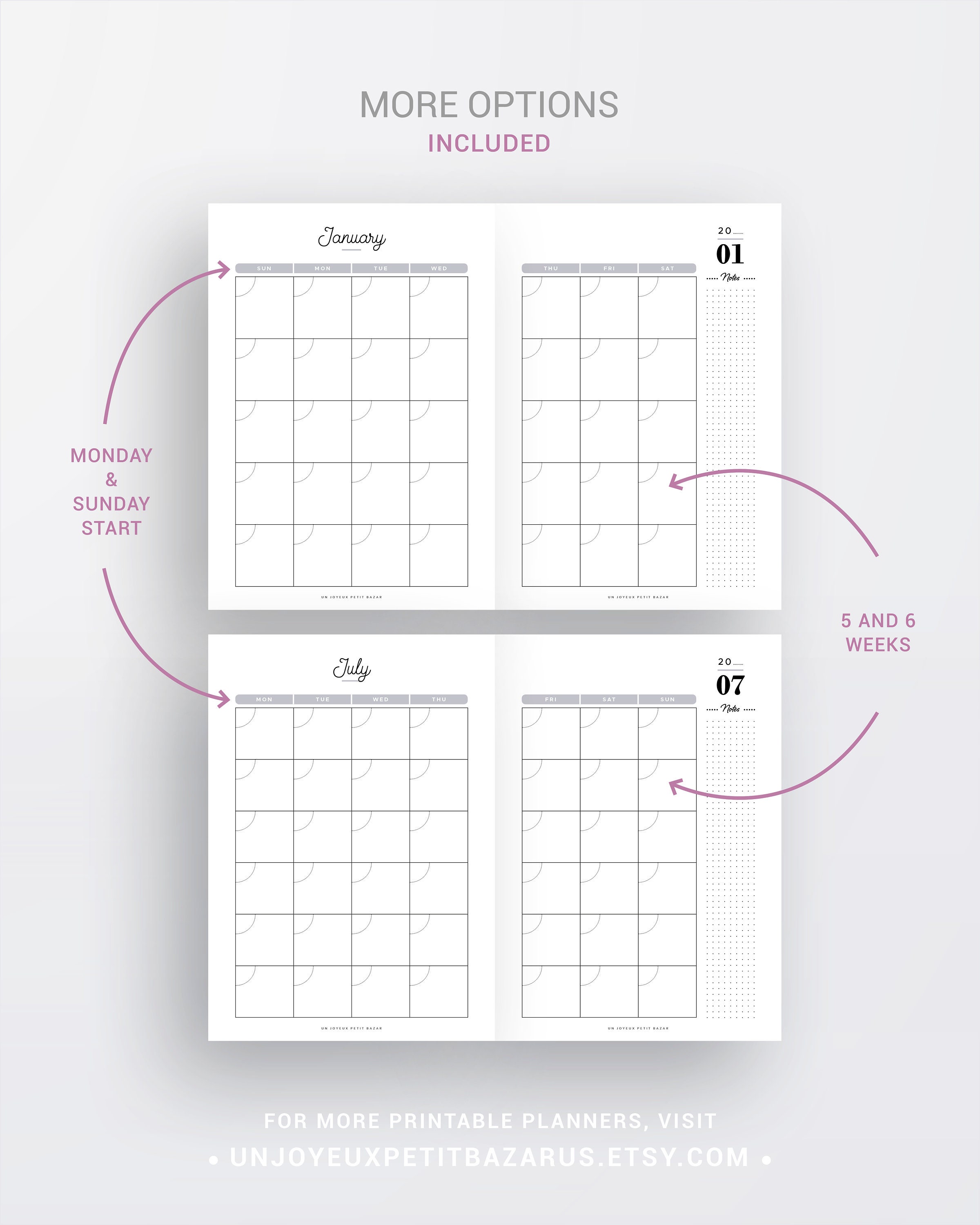 UNDATED MONTHLY PLANNER, Printable Planner, Monthly Calendar, Perpetual ...