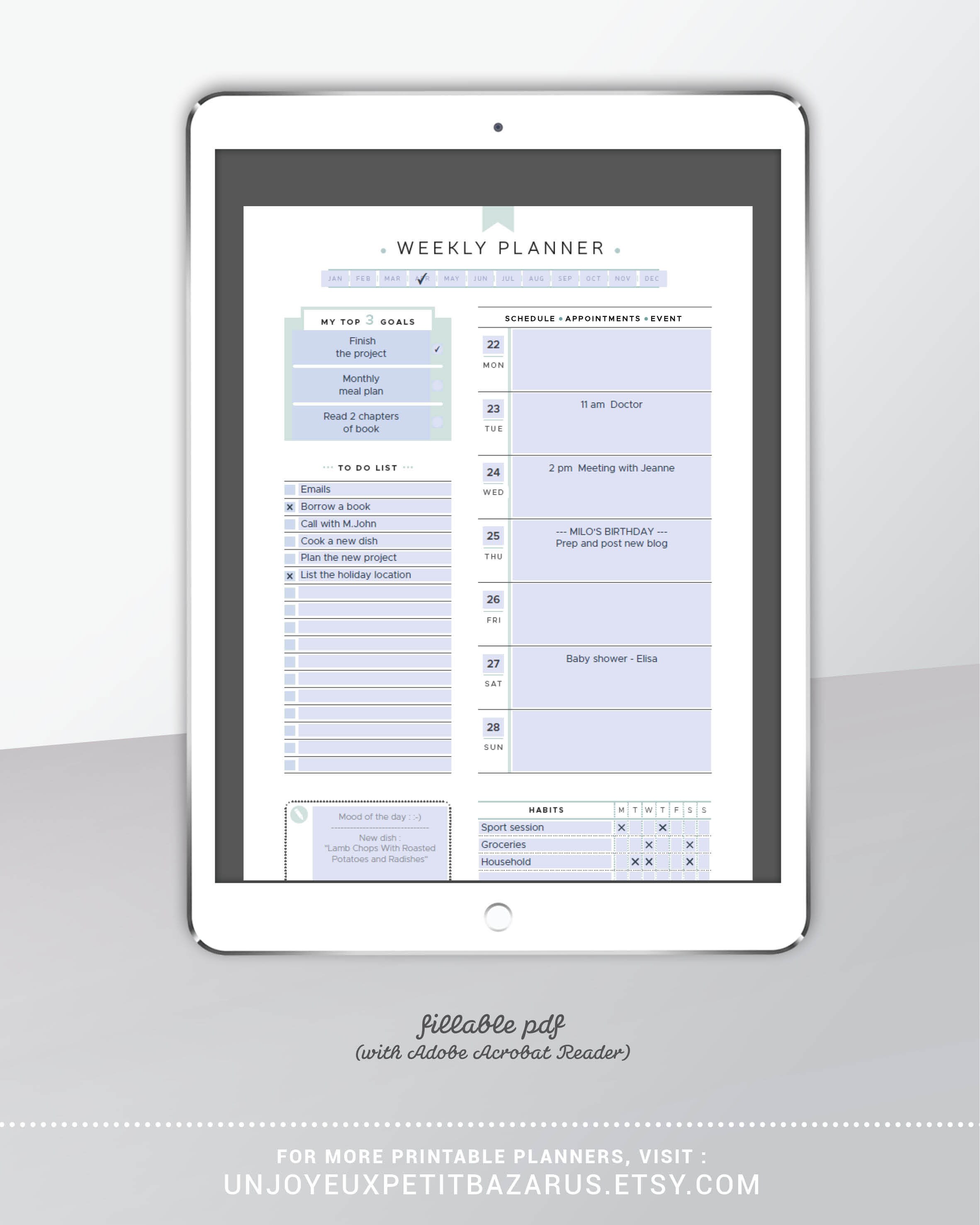 Weekly Planner Page, Printable Fillable PDF Insert for Time Management ...
