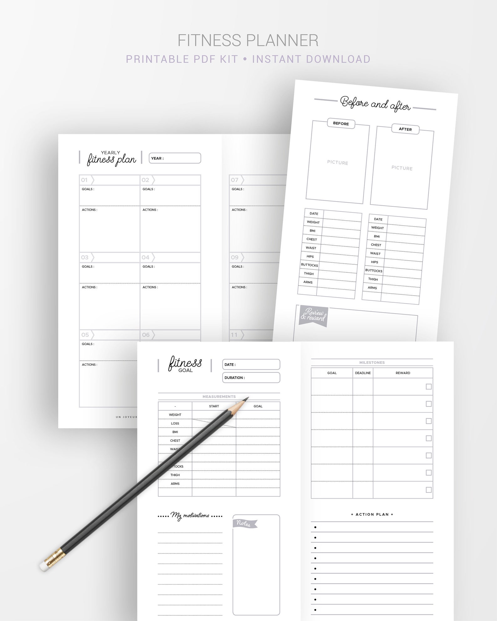 FITNESS PLANNER Printable, Fitness Goals, Food Diary, Fitness Challenge ...