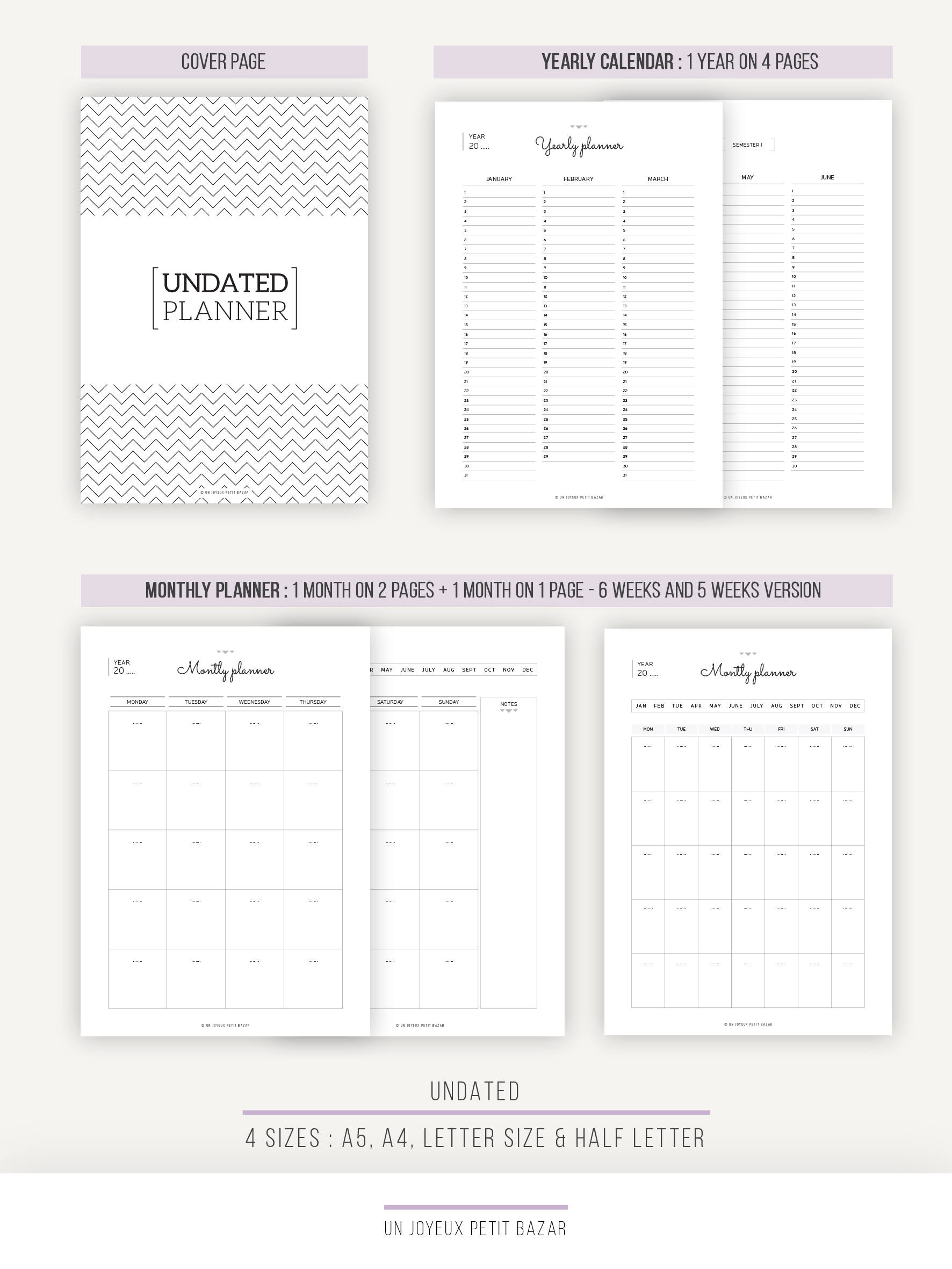 UNDATED PLANNER SET Instant Download Yearly, Monthly, Weekly, Daily ...