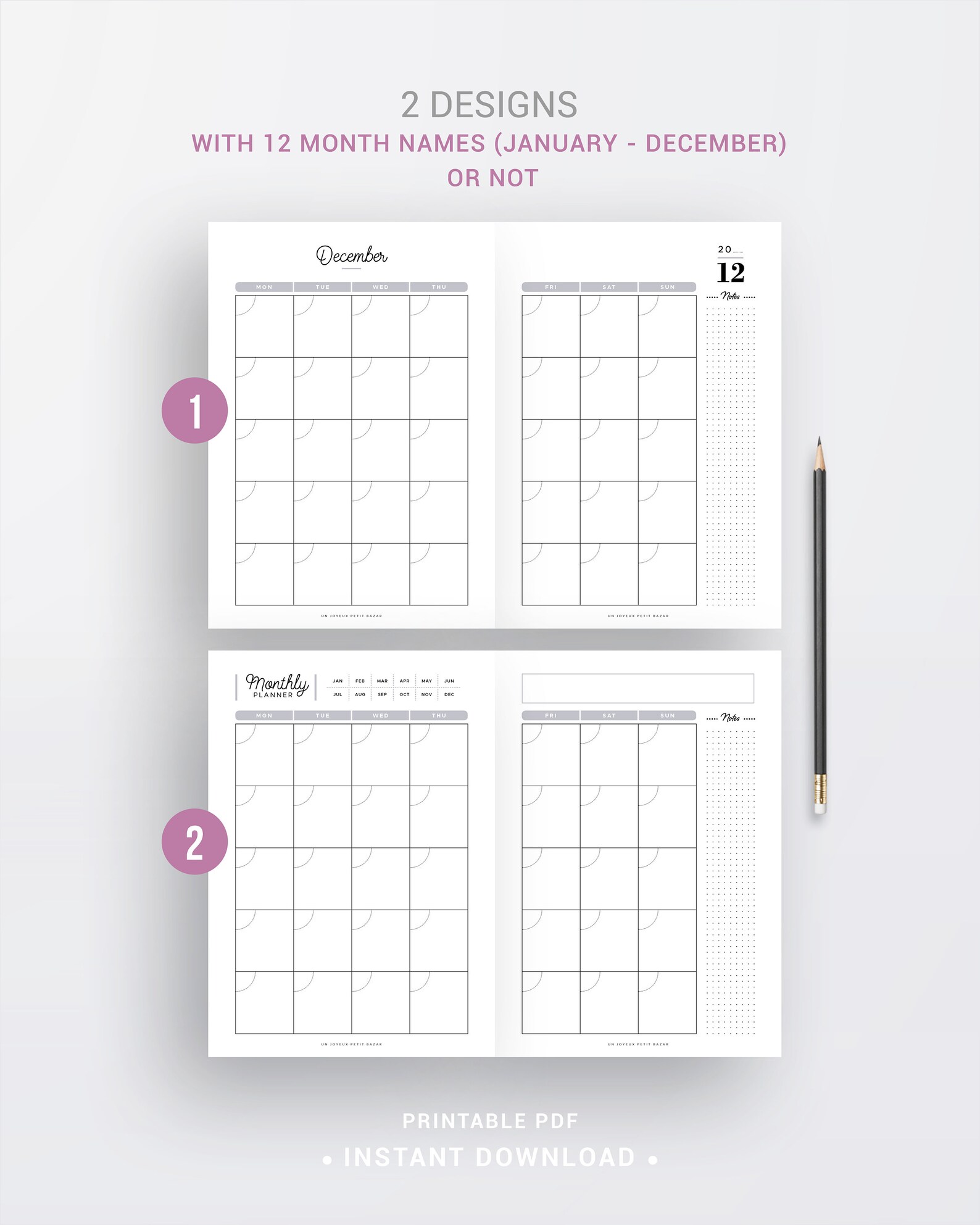 UNDATED MONTHLY PLANNER, Printable Planner, Monthly Calendar, Perpetual ...