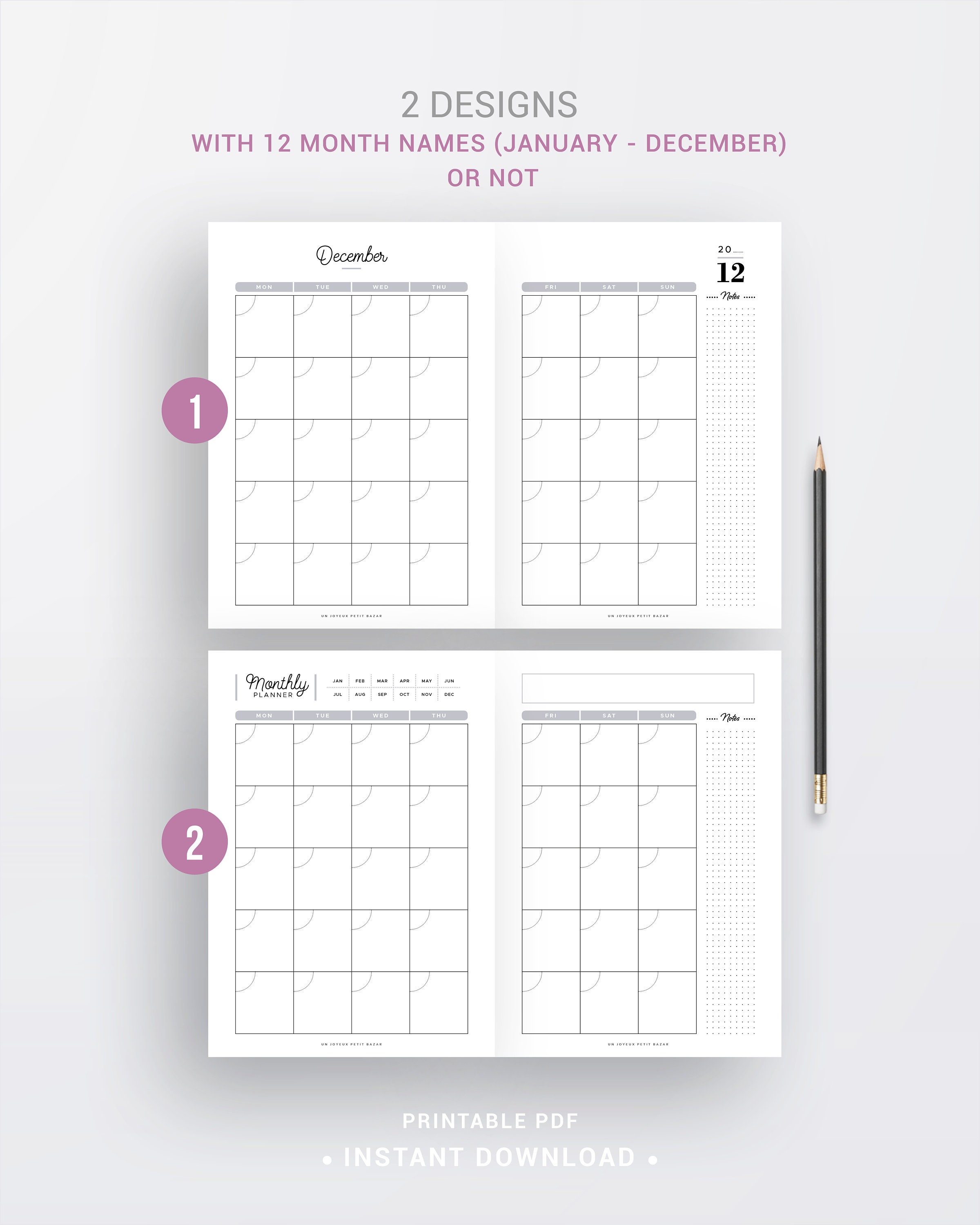 UNDATED MONTHLY PLANNER, Printable Planner, Monthly Calendar, Perpetual ...