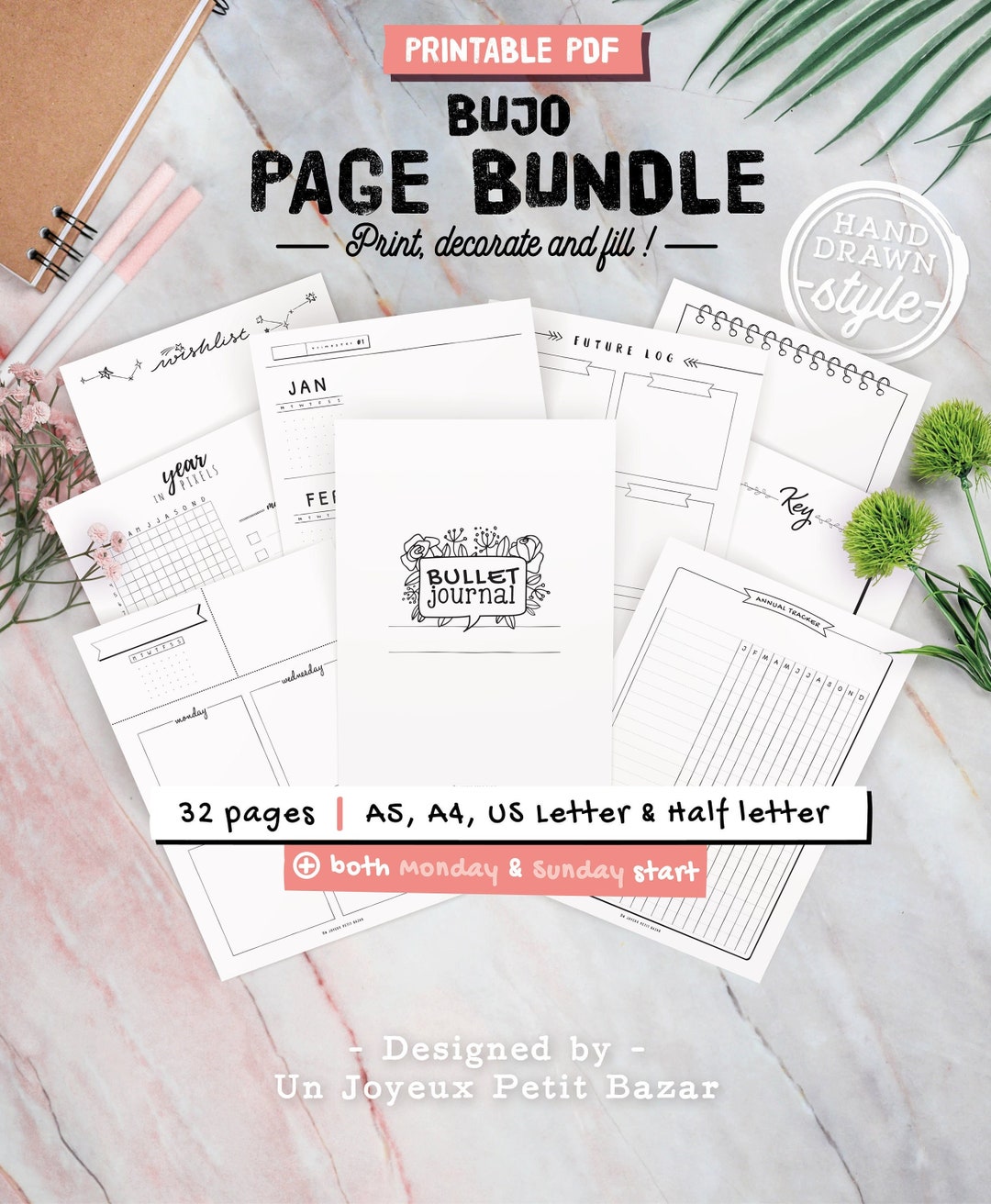 Illustrated Printable Pages for Bujo, Undated Planner Inserts, Yearly ...