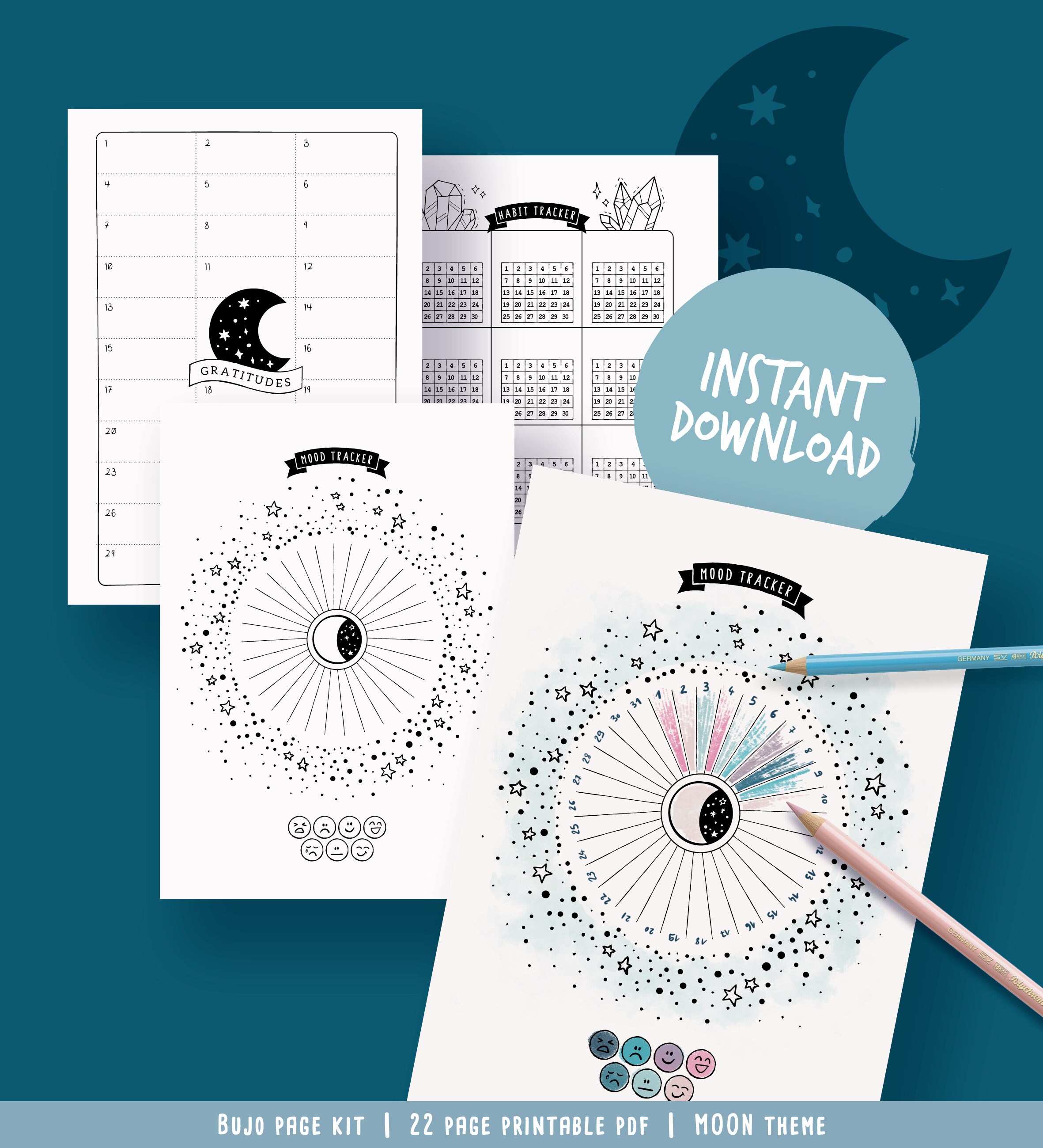 Printable Pages for Illustrated Planner, Coloring Moon Theme, Undated ...