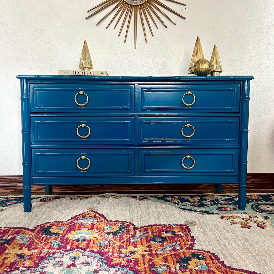 Vintage Blue Dixie Aloha Style Faux Bamboo 6 Drawer Dresser/buffet/credenza - Etsy