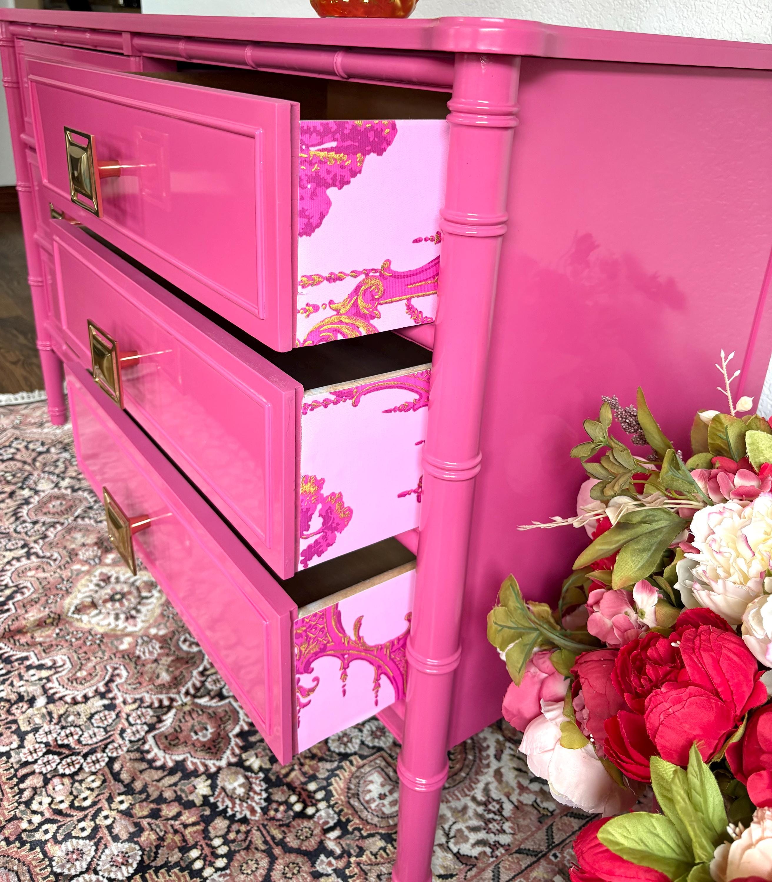 Hot Pink Henry Link Faux Bamboo 6 Drawer Dresser/buffet/credenza - Etsy