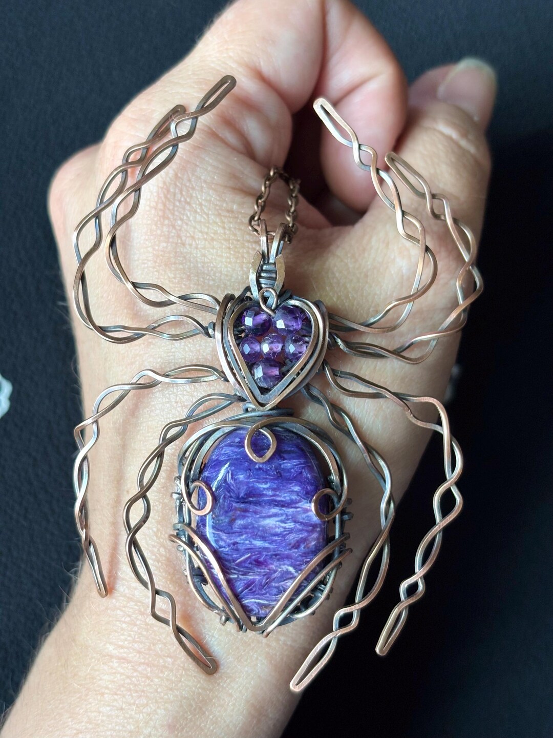 Chaorite | Amethyst - Copper Wire Spider Pendant - Crystal Spider ...
