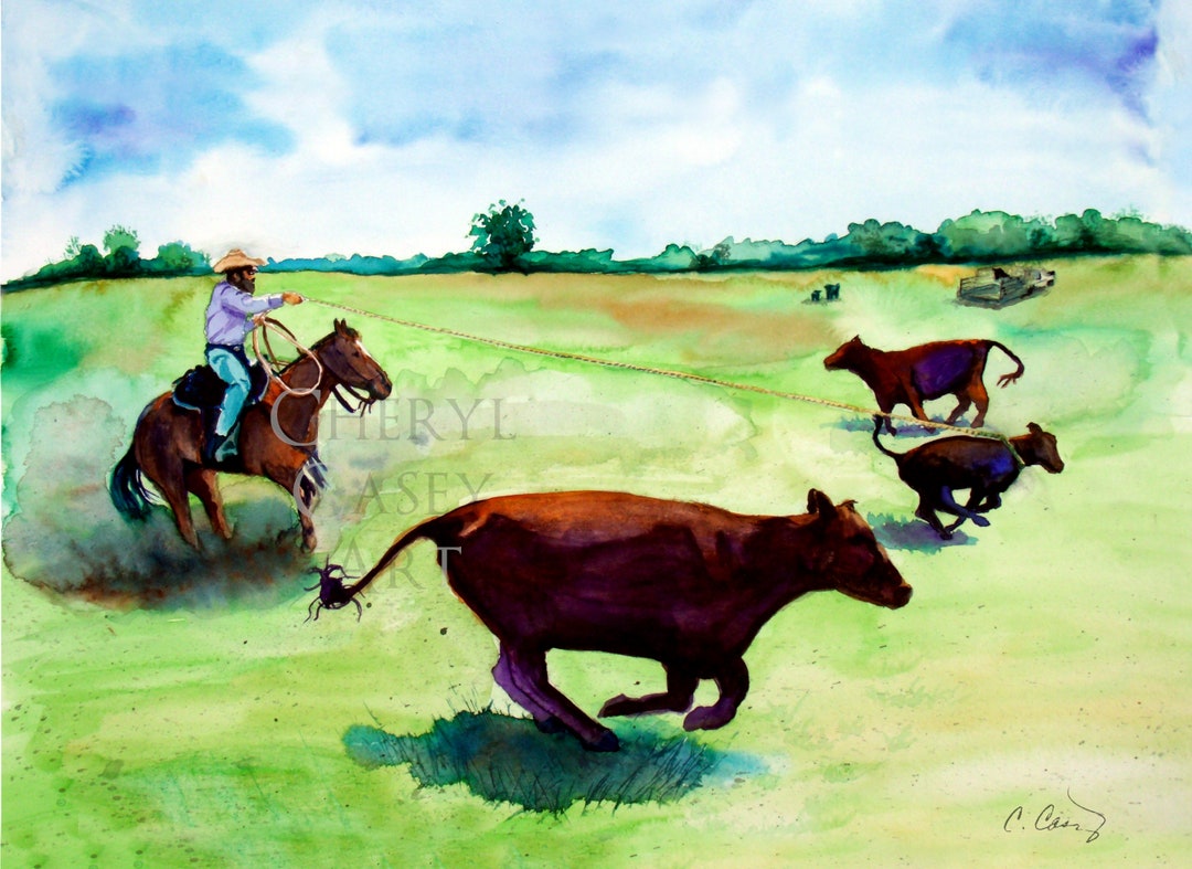 Cowboy Art Print From Watercolor Painting by Cheryl Casey, Cattle Ranch ...