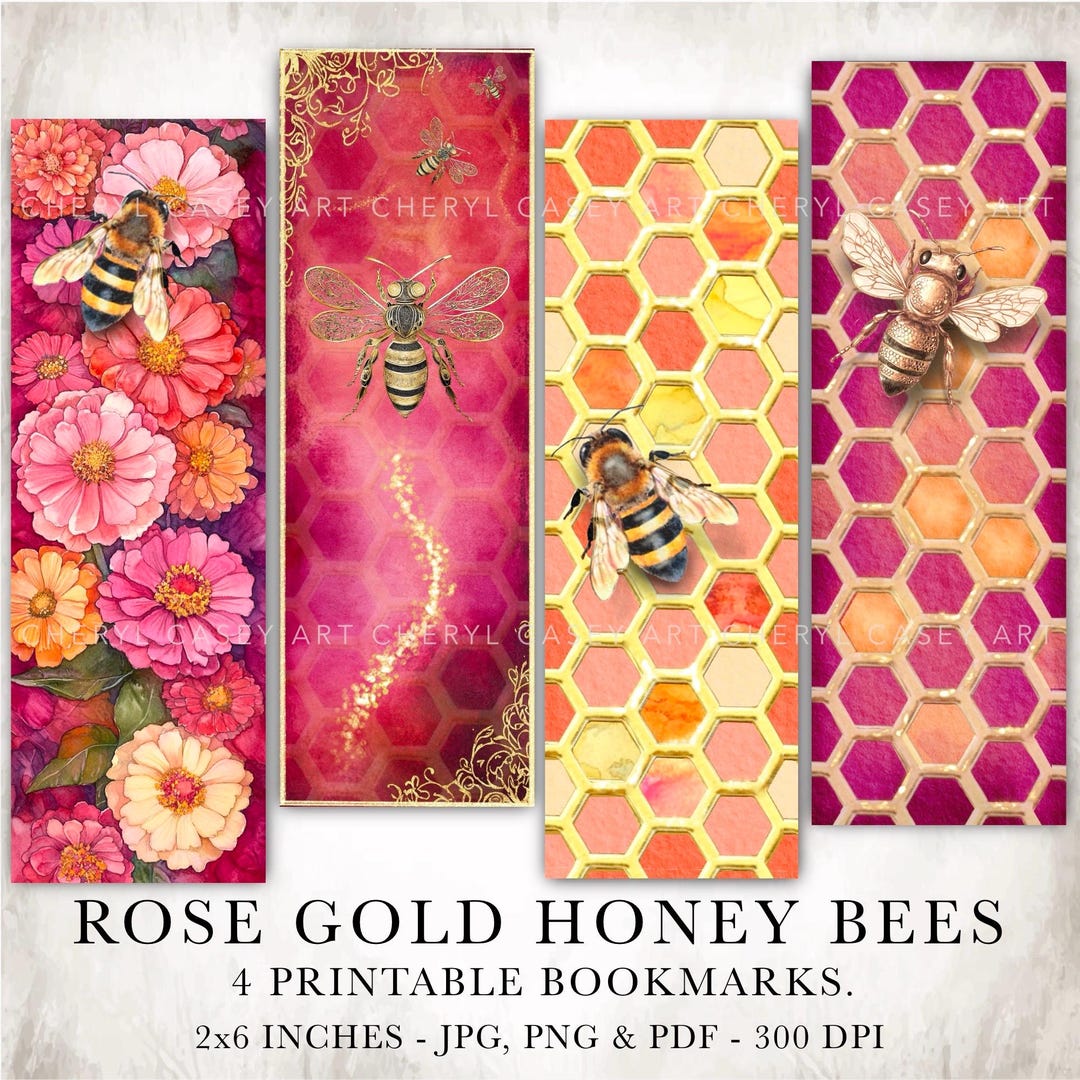 Printable Bees Bookmarks Set of 4, Fuchsia-raspberry and Rose Gold ...