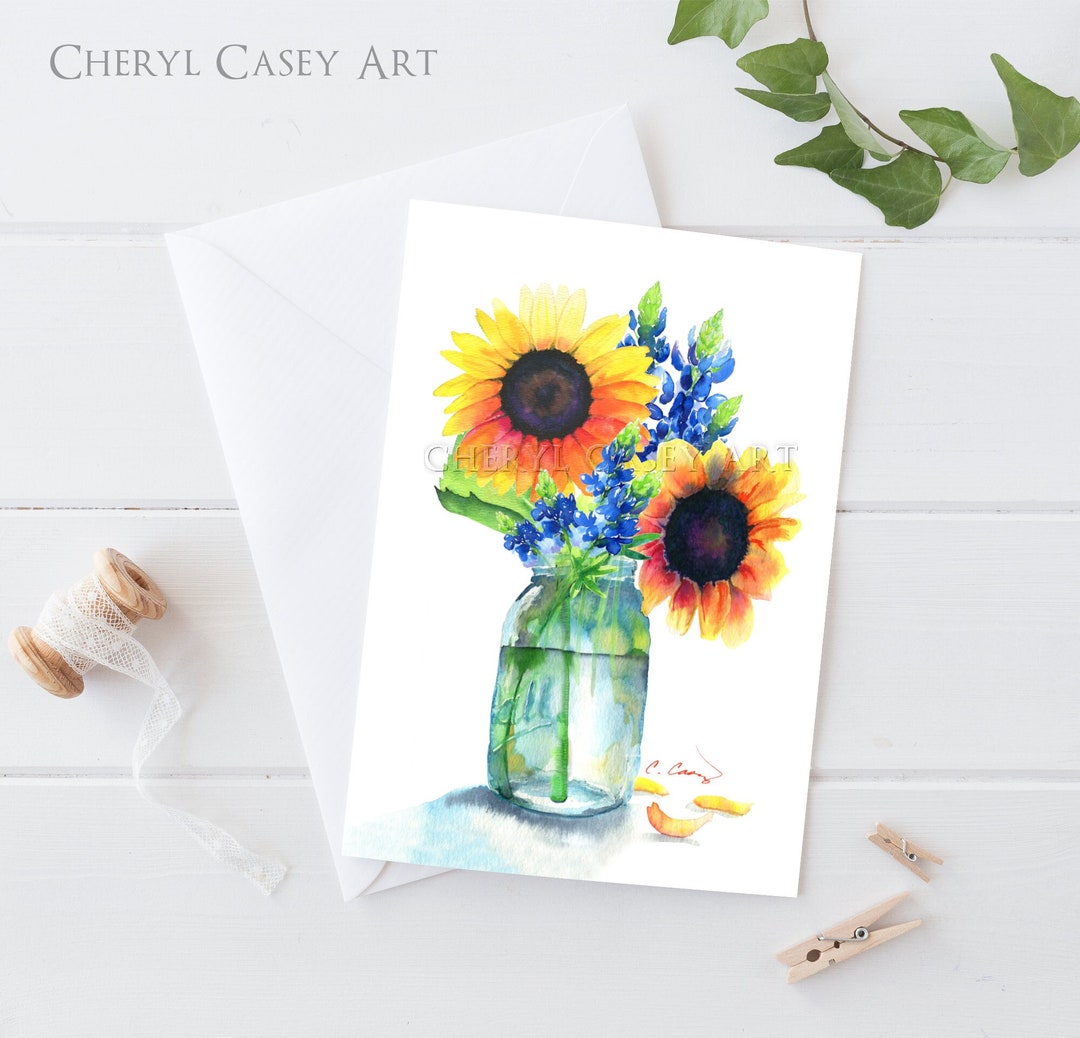 Sunflower Bluebonnet Cards From Watercolor Paintings by Cheryl Casey ...