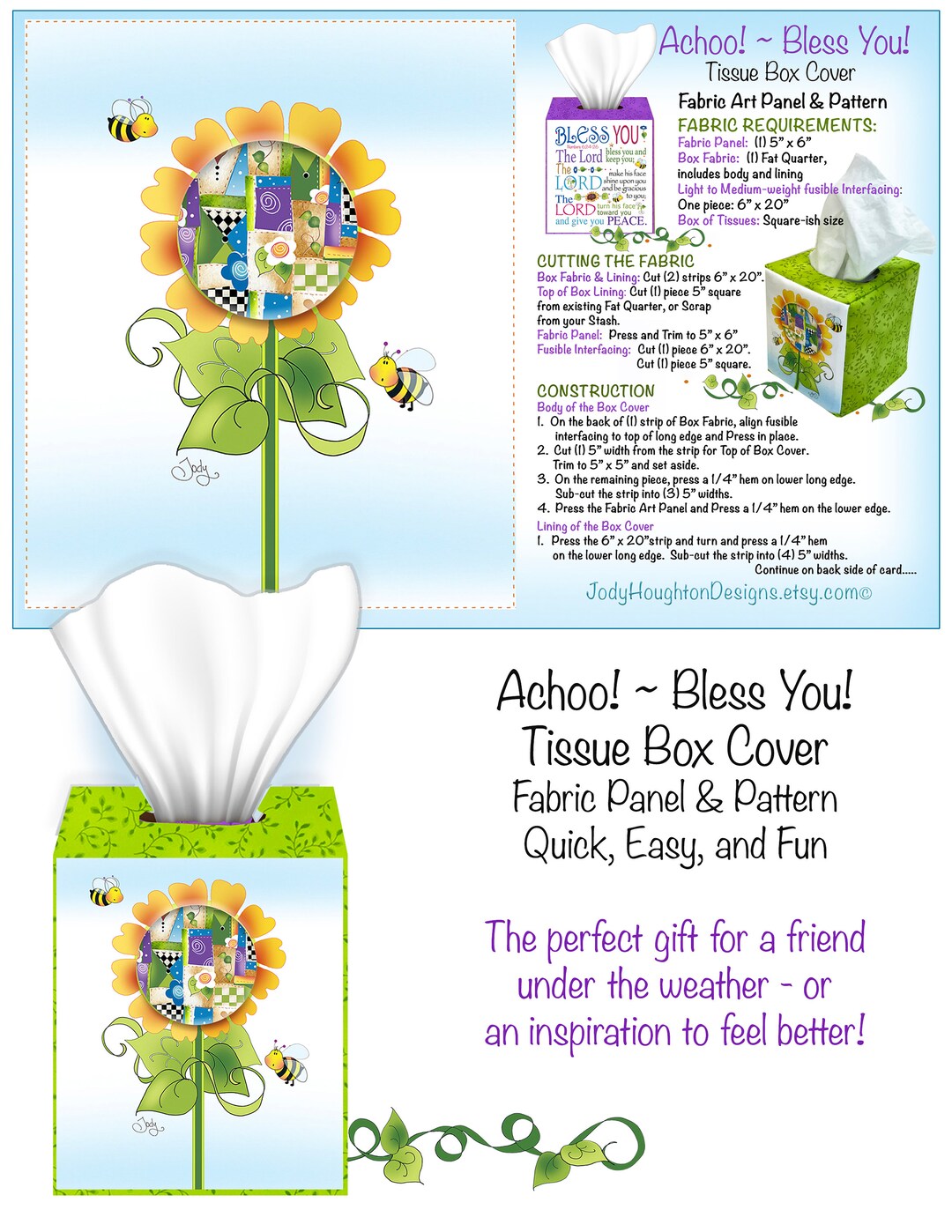 Patchwork Flower - Tissue Box Cover Panel and Pattern - Etsy