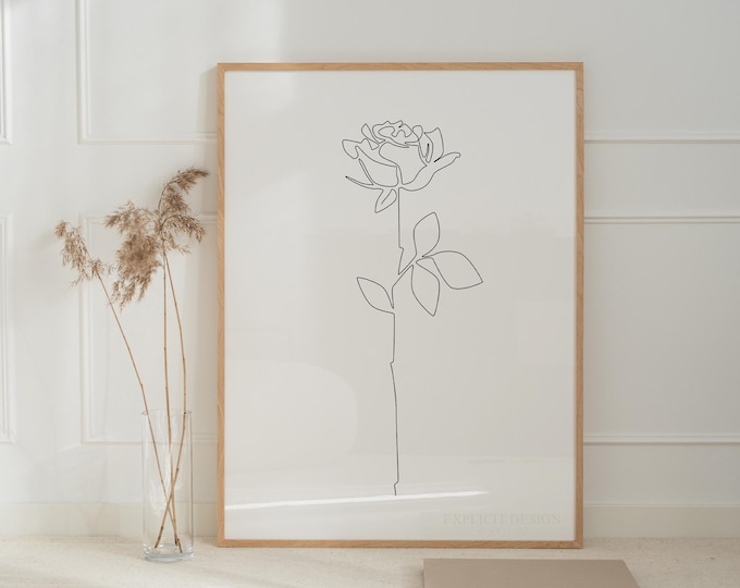 Printable One Fine Line Violet Flower Drawing, Minimalist Blossom Print ...