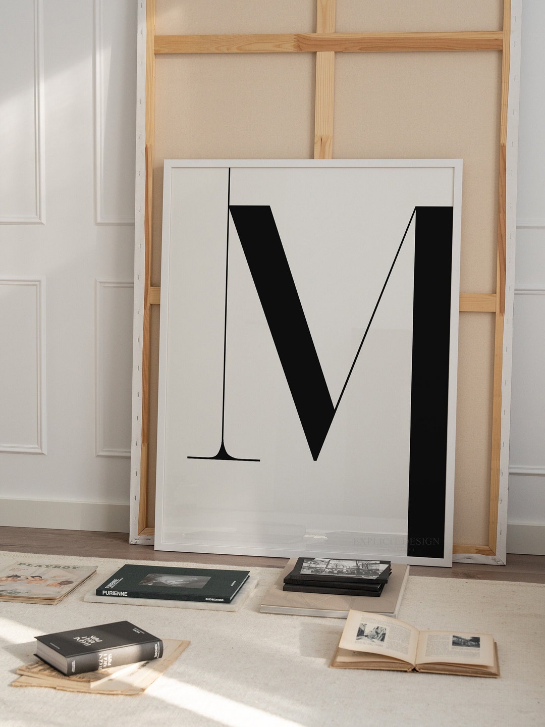 Large M Letter Printable, Monochrome Poster, Black and White Initials ...