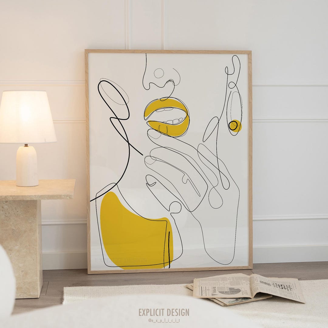Yellow Lips Line Art Print, Minimalist Woman Sketch (digital Download ...