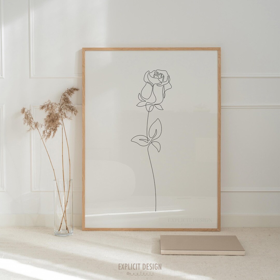 White Printable One Line Rose Drawing Print | Simplified Flower Contour ...