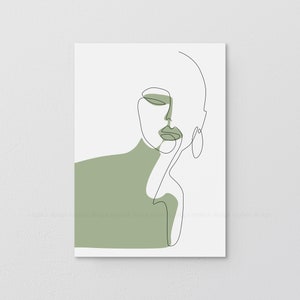 Olive Green One Line Portrait Illustration, Minimalist Pastel Khaki ...