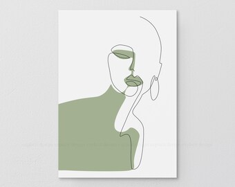 Olive Green Line Portrait Illustration Minimalist Pastel | Etsy