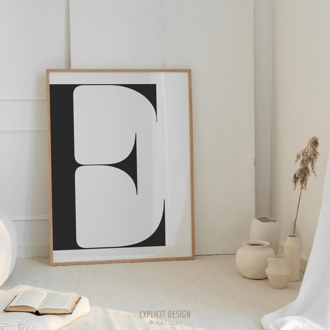 Printable Capital Letter E Poster | Linear Black and White Initials ...