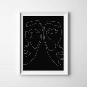 One White Line Face Printable Art, Woman Faces Print, Black Background ...
