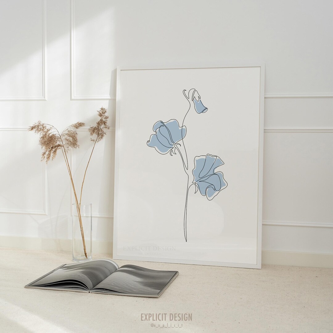 Printable Pastel Blue One Line Sweet Pea Flower Drawing | Light and ...