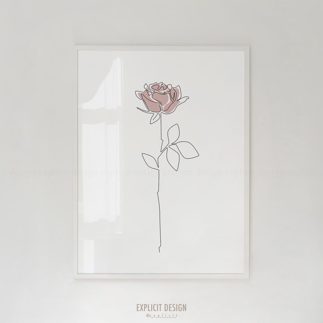 Minimalist Rose Line Art Print: Blush Pink Flower Poster (digital ...