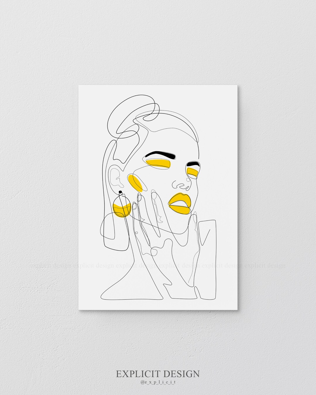 Abstract Girl Portrait Line Illustration, Minimal Yellow Printable Face ...