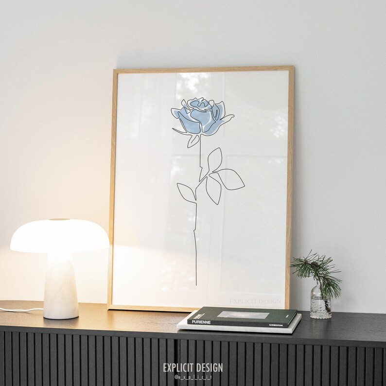 Pastel Blue Rose Line Art Print: Minimalist Floral Poster (digital ...